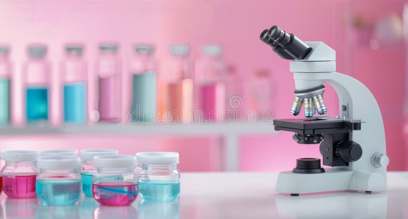 Laboratory Microscope with Colorful Solutions on a White Table Stock ...