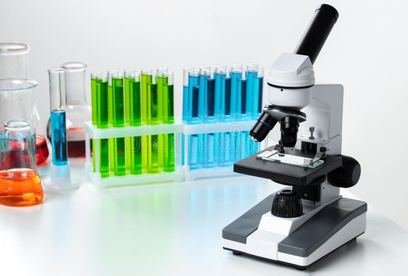 Laboratory Microscope with Colorful Test Tubes Close Up Stock Photo ...