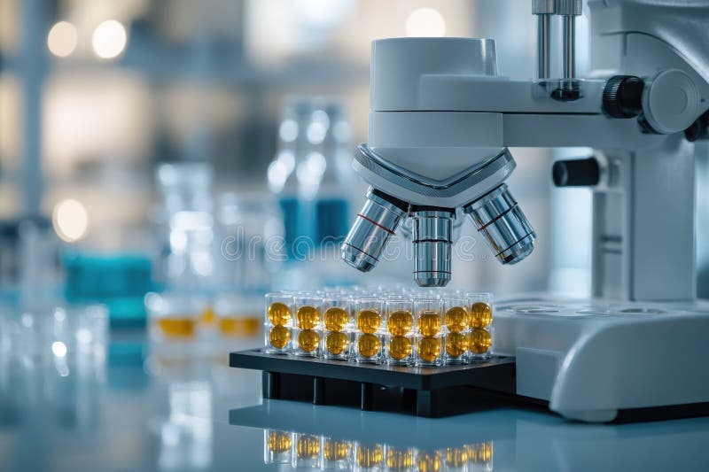 Laboratory Microscope Examining Multiple Test Tubes Containing Orange ...