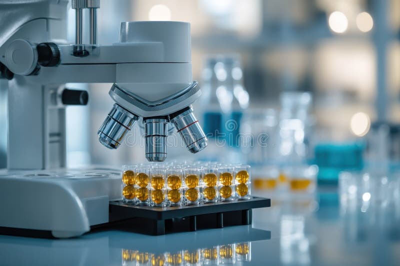 Laboratory Microscope Examining Multiple Test Tubes Containing Orange ...