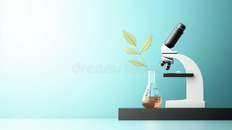 Laboratory Microscope and Flask with Green Leaf on a Minimalist ...