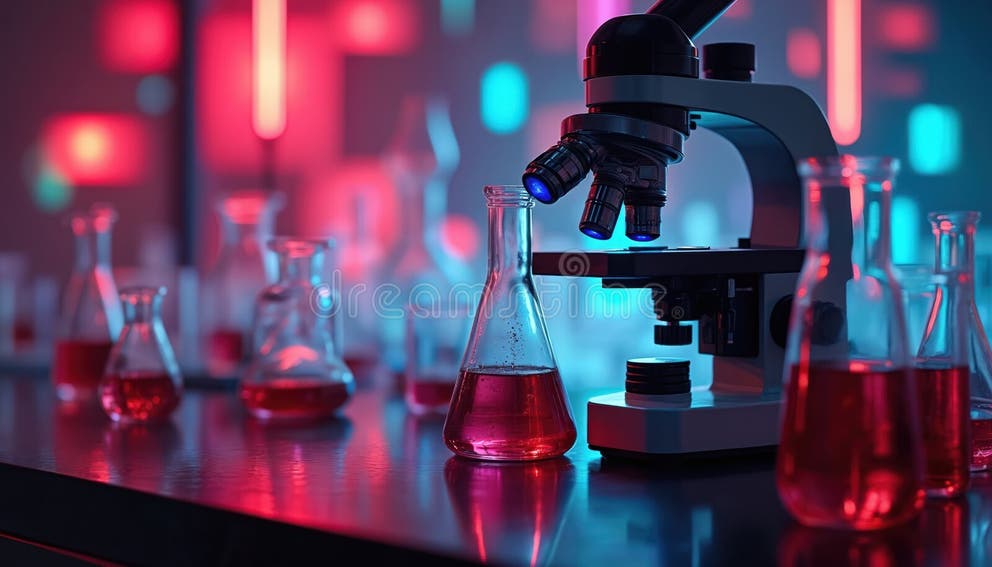 Laboratory with Microscope, Flasks. Science, Research, Tech, Medicine ...