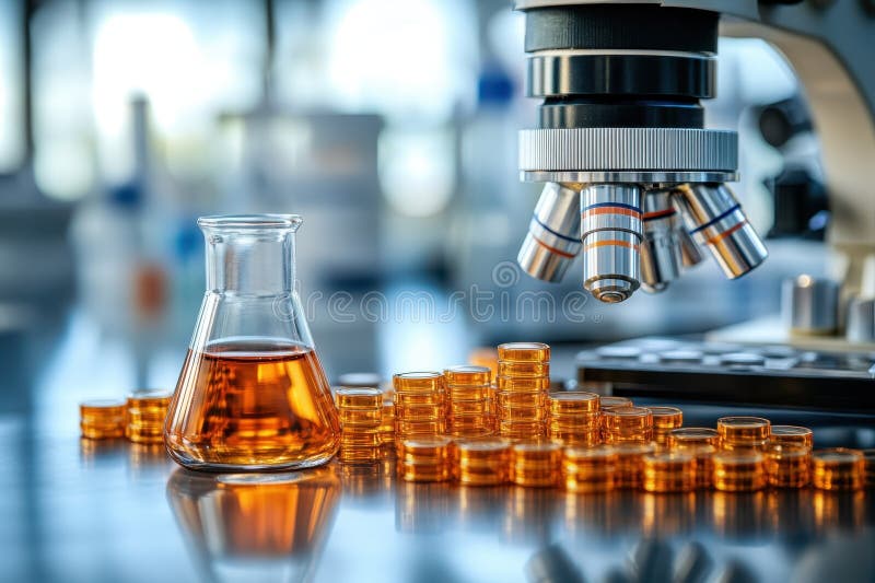 Laboratory Microscope Observing Amber Liquid in a Flask beside Golden ...