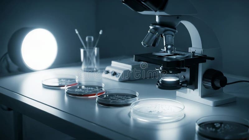 Laboratory Microscope with Petri Dishes on Clean Workspace Stock ...