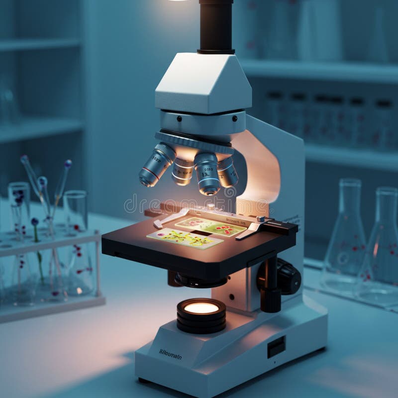 A Laboratory Microscope is Placed on a Light Blue Surface, Illuminated ...