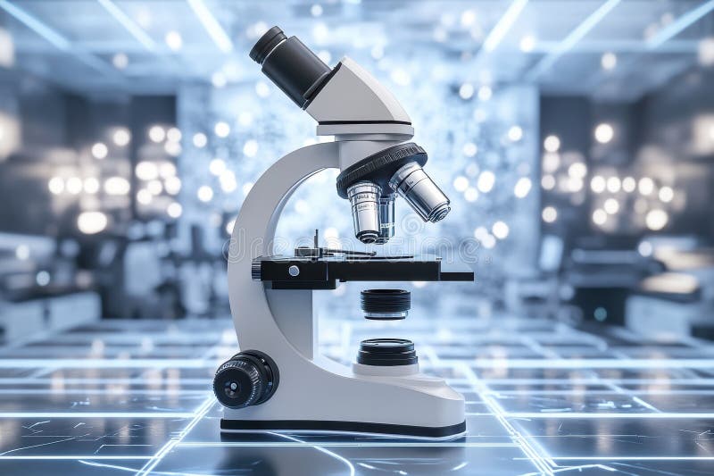 Laboratory Microscope Positioned on a Modern Research Table Illuminated ...