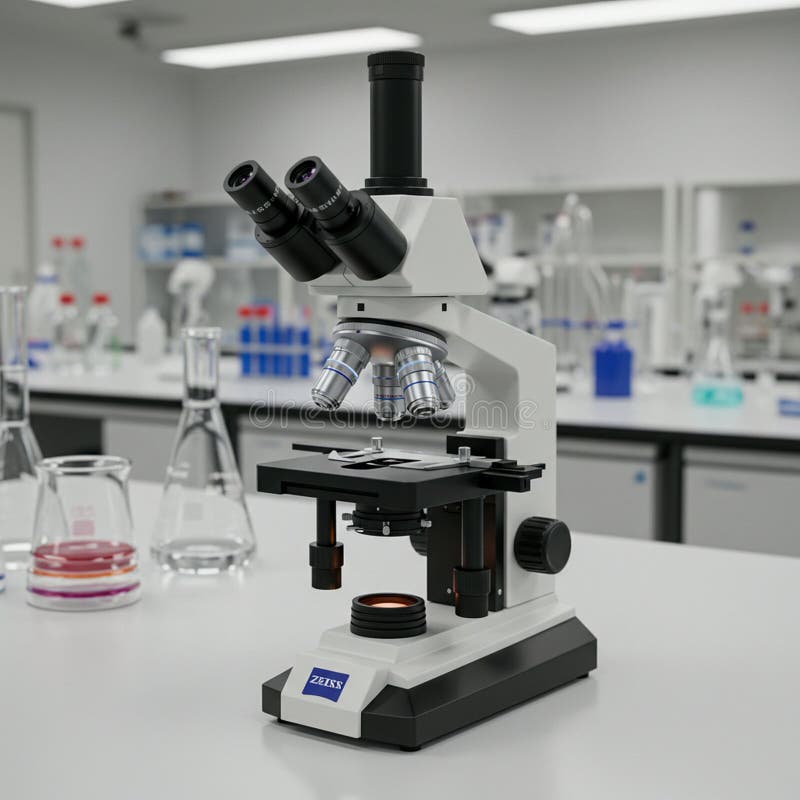A Laboratory Microscope Prominently Displayed on a Workbench, Featuring ...