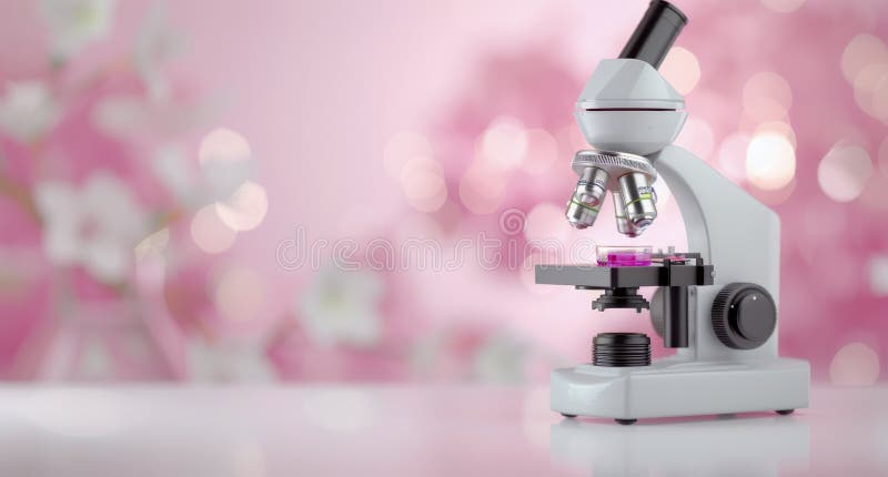 Laboratory Microscope Set Against Pink Floral Background in Science ...