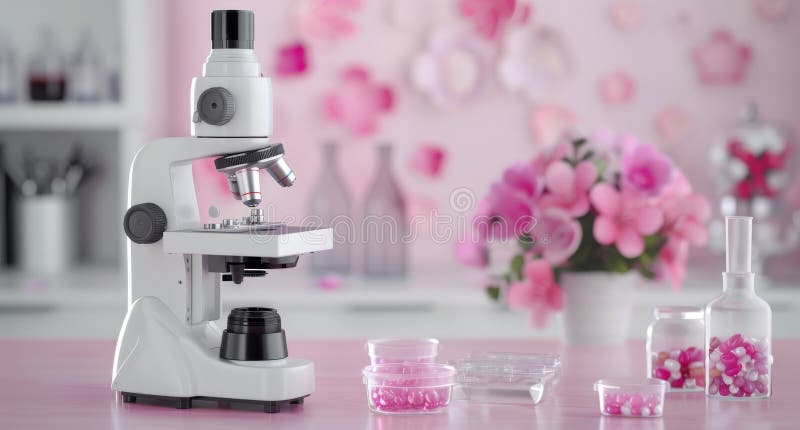 Laboratory Microscope Set Against Pink Floral Background in Science ...