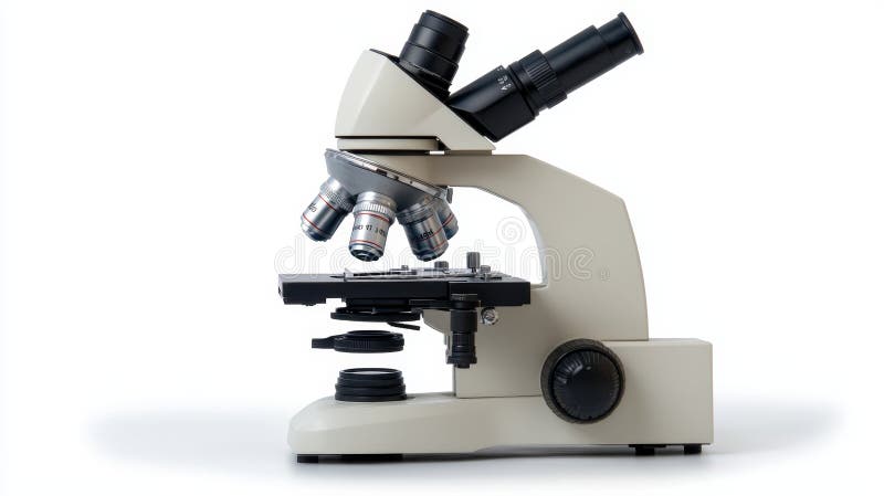 Laboratory Microscope Side View with Multiple Objective Lenses on White ...