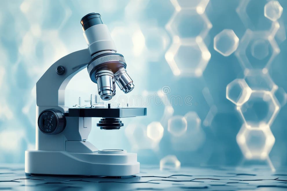 A Laboratory Microscope on a Table with Blue Background Displaying ...