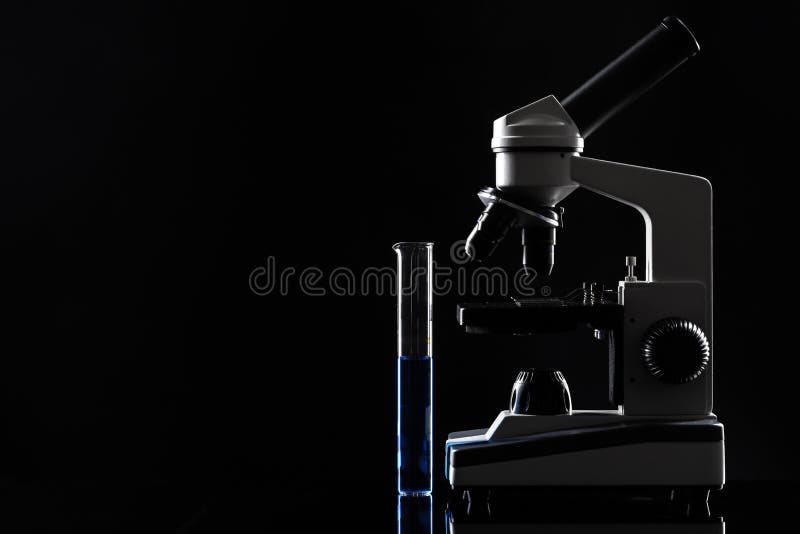 Laboratory Microscope on Table in the Dark Stock Image - Image of ...