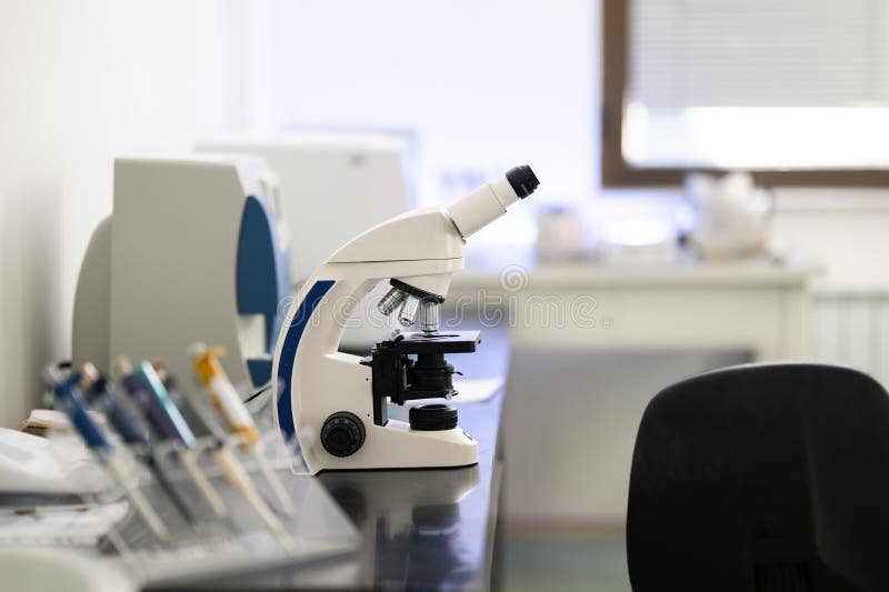 Laboratory Microscope on Table in Medical Research Facility Stock Image ...