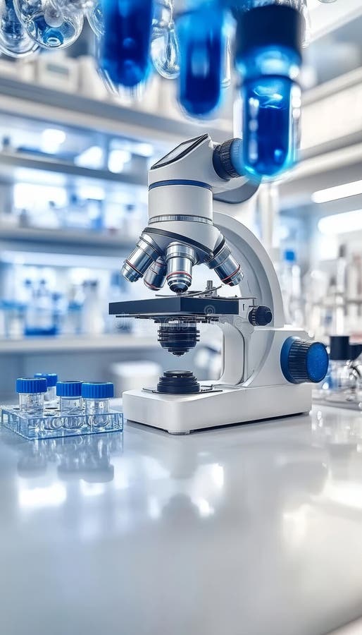 Laboratory Microscope on Table, Surrounded by Flasks and Test Tubes in ...