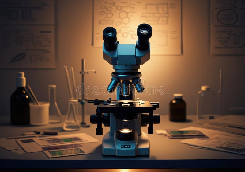 Laboratory Microscope on a Table Surrounded by Scientific Equipment ...