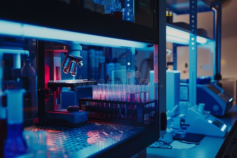 Laboratory Microscope and Test Tubes Under Neon Light Stock Image ...