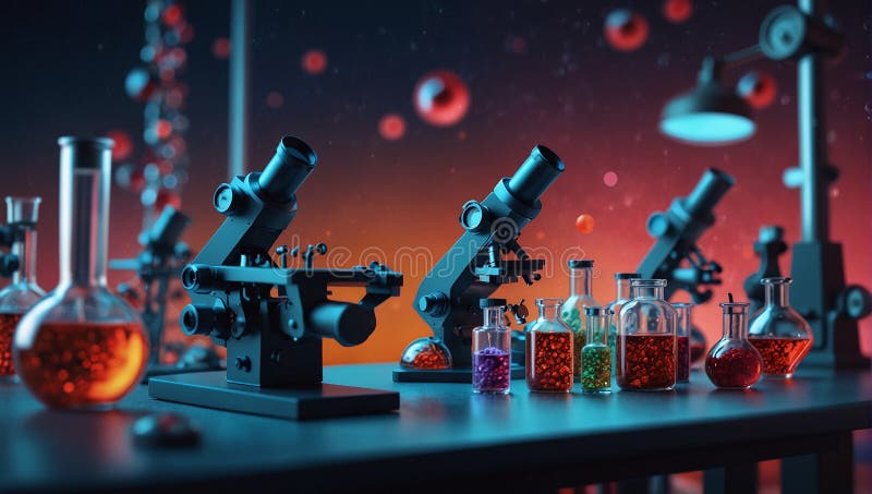 Laboratory Microscopes and Colorful Chemicals in Flasks Against a ...