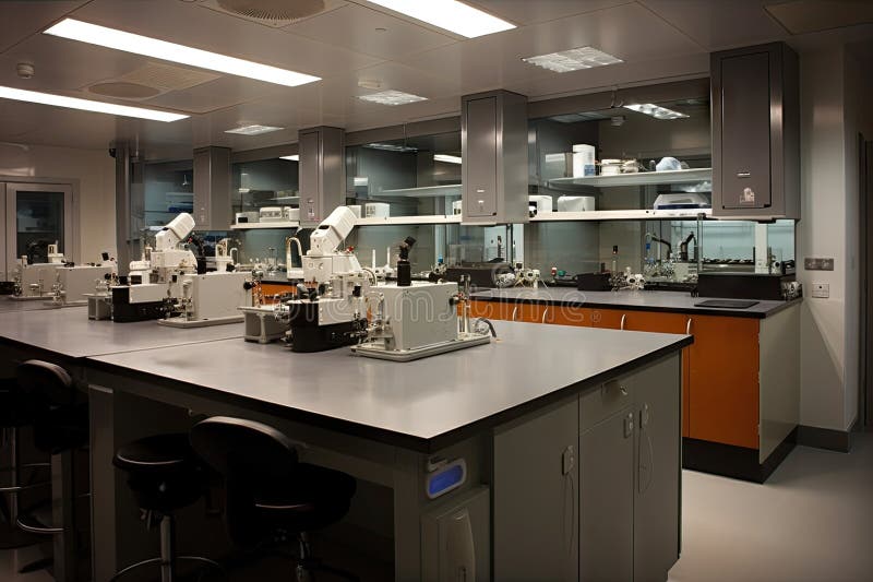 Laboratory, with Microscopes and Other Instruments Visible, in Sleek ...