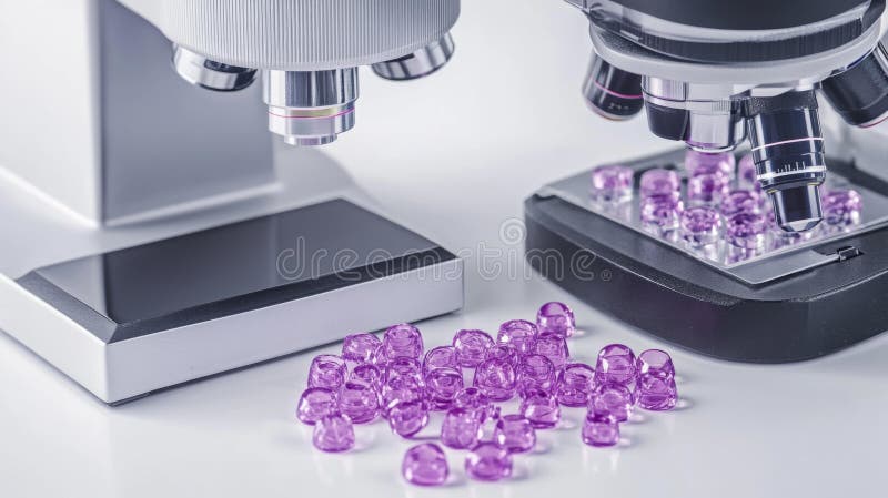 Laboratory Microscopes and Purple Slides Scientific Research Tools ...