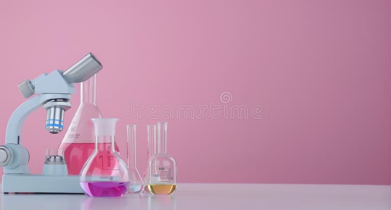 Laboratory Microscopy Setup with Glassware and Pink Background in ...