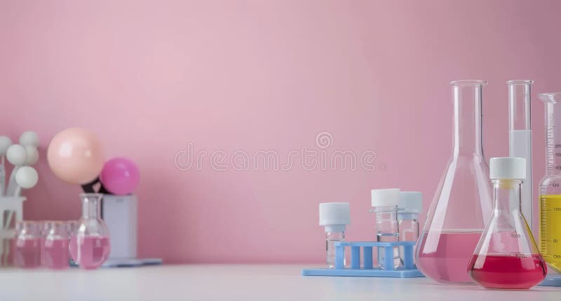 Laboratory Microscopy Setup with Glassware and Pink Background in ...