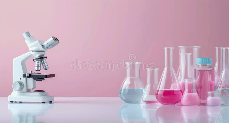 Laboratory Microscopy Setup with Glassware and Pink Background in ...
