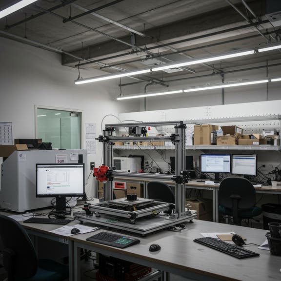 A Laboratory or Office Workspace Featuring a Large 3D Printer with a ...