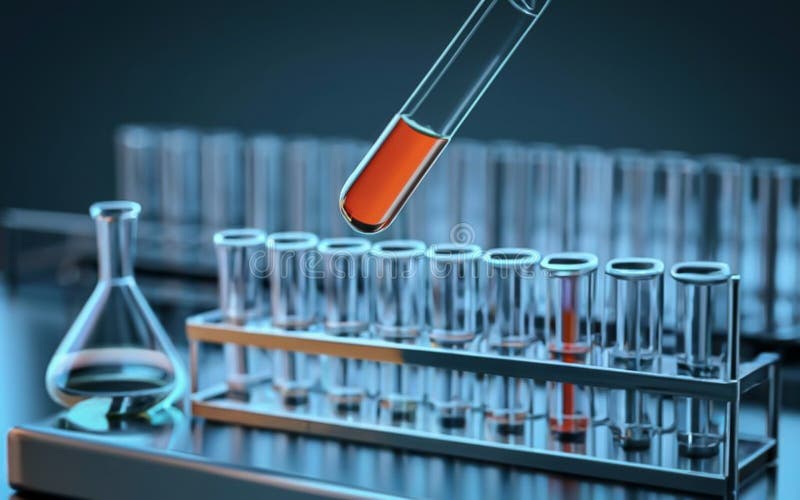 Laboratory Pipette with Drop of Blue Liquid Over Test Tubes Filled ...