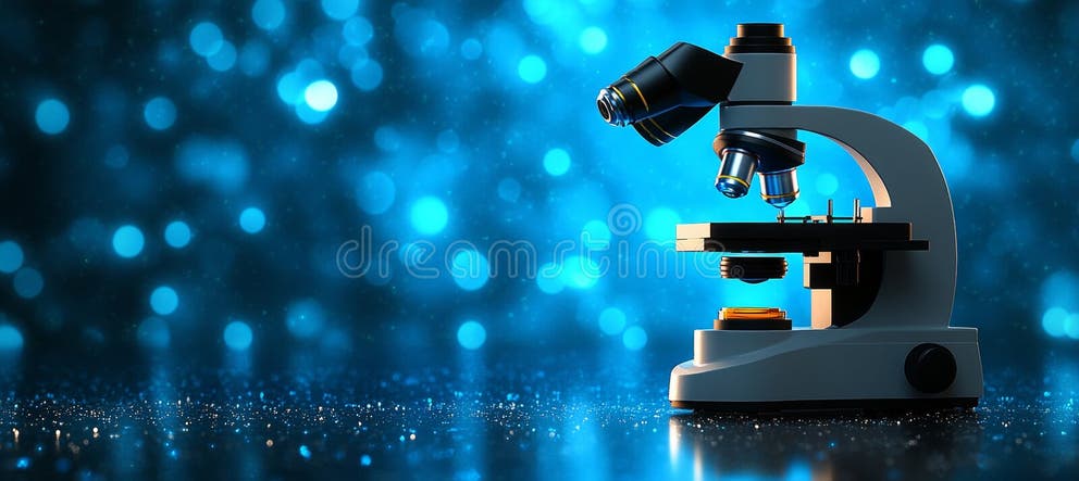 Laboratory Research Microscope on a Reflective Surface with a Sparkling ...