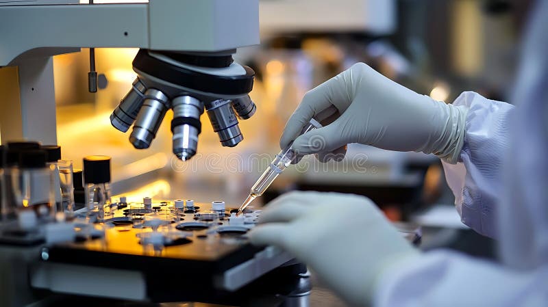 Laboratory Research Process with Microscope and Pipette in Focus ...