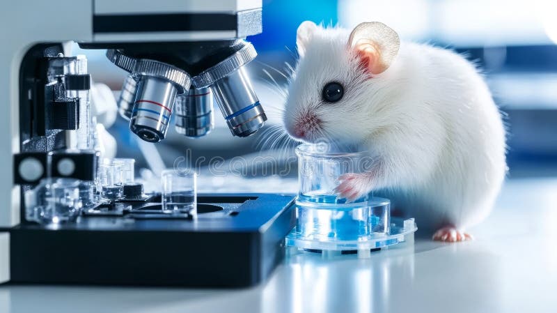 Laboratory Research with Rodent White Mouse, Microscope, and Vial in a ...