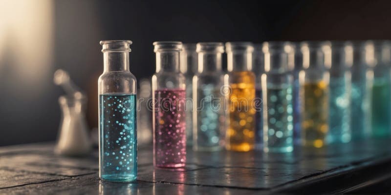 Laboratory Research with Rows of Chemical Solutions in Bottles. Stock ...
