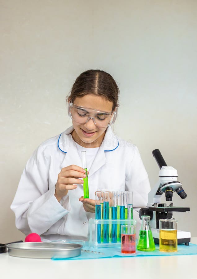 Laboratory Research Test Tubes Reagents and Microscope. Selective Focus ...