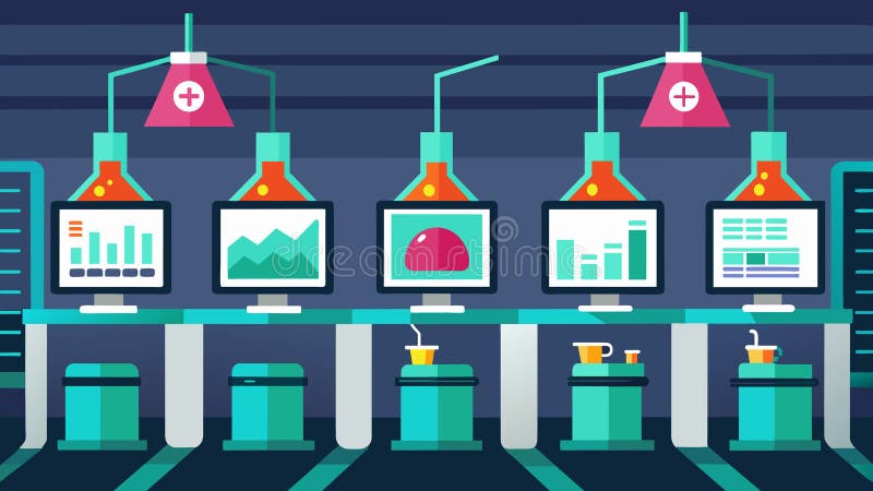 A Laboratory with Rows of Computer Workstations Each Displaying Data ...