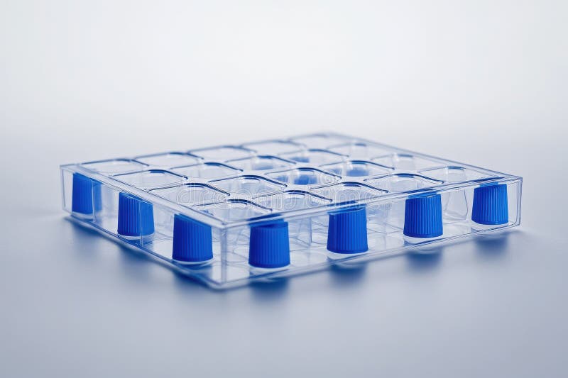 A Transparent Laboratory Sample Tray with Blue Caps and Multiple ...