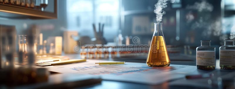 A Laboratory Scene with a Beaker, Scientific Papers, and Various ...