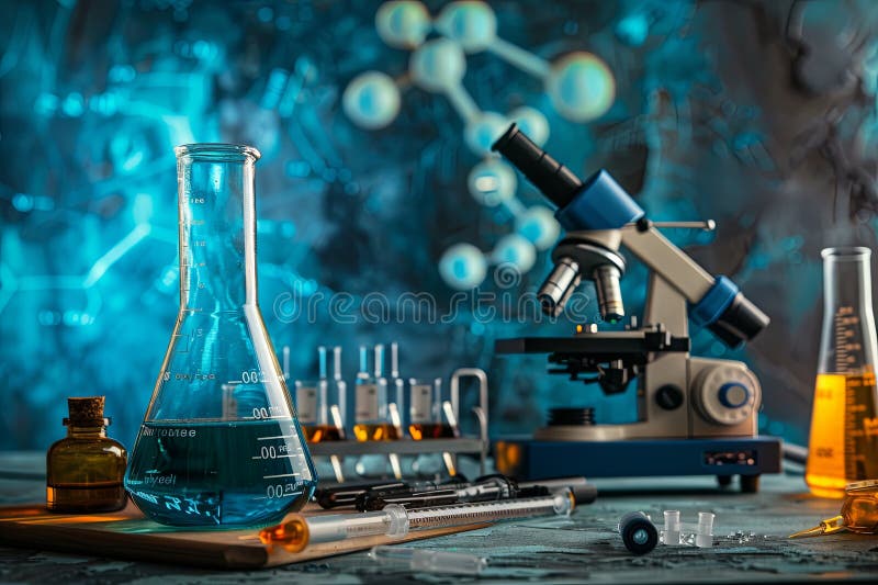 A Laboratory Scene Featuring a Blue Liquid in an Erlenmeyer Flask, a ...