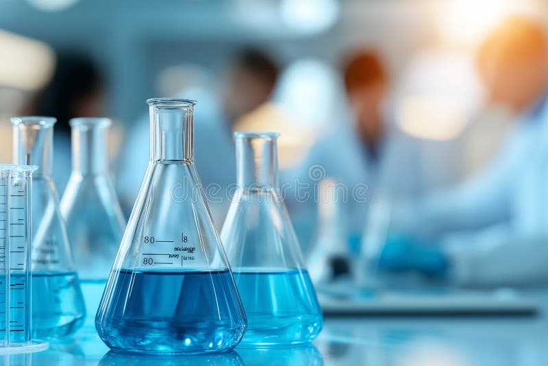 Laboratory Scene Featuring Glass Flasks Filled with Blue Liquid ...