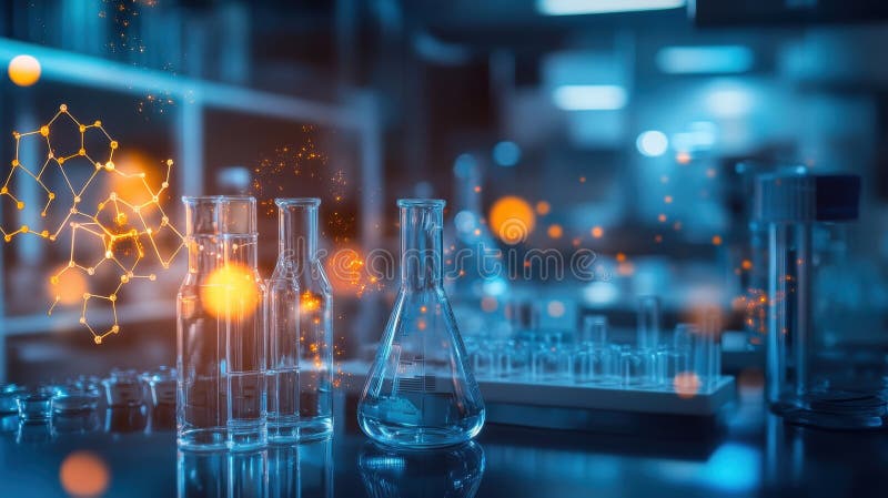 A Laboratory Scene Featuring Glassware and Molecular Graphics ...