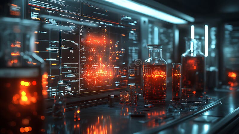 Laboratory Scene Featuring Glowing Glass Bottles and Digital Data ...