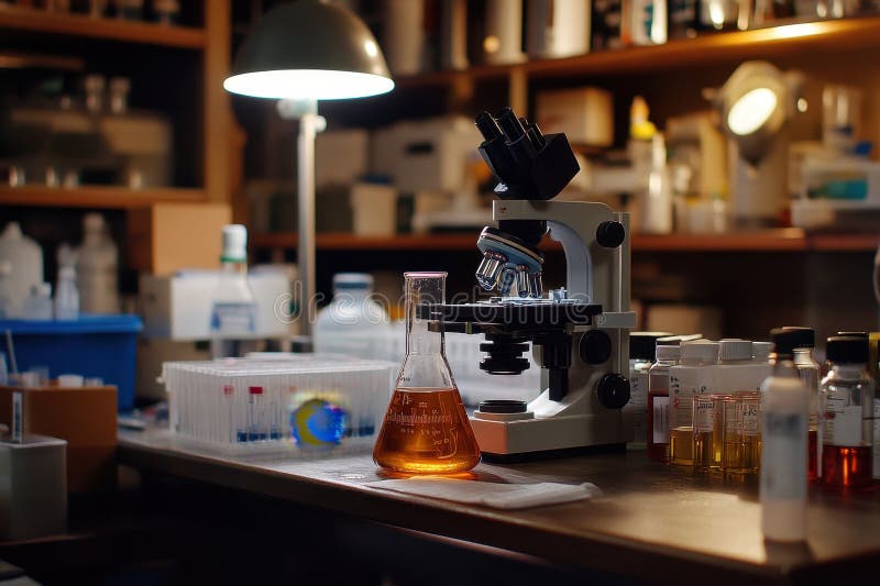 A Laboratory Scene Featuring a Microscope and Various Glassware with ...