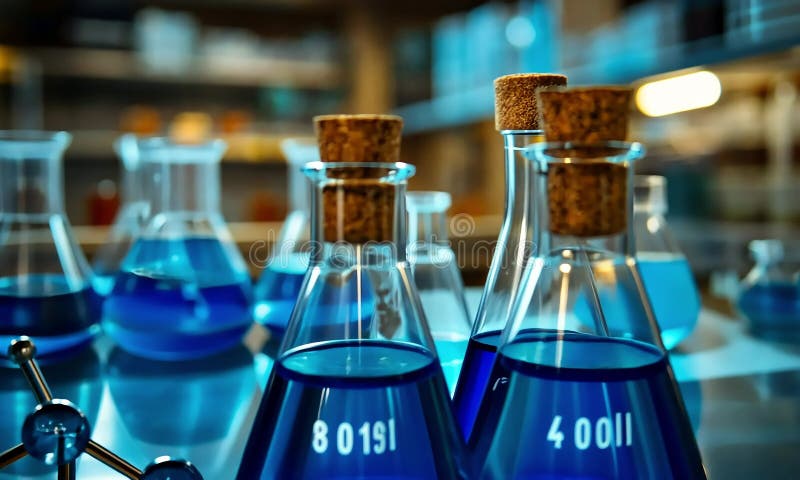 Laboratory Scene with Glass Flasks Filled with Blue Liquid, Showcasing ...