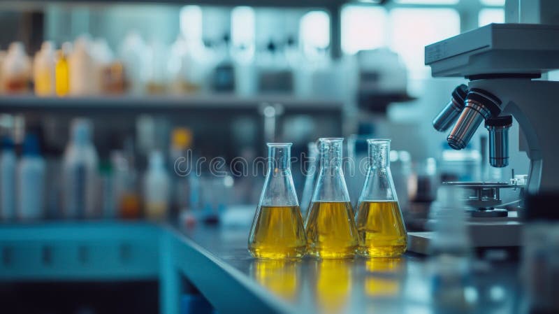 Laboratory Scene with Glass Flasks and Microscope Stock Image - Image ...
