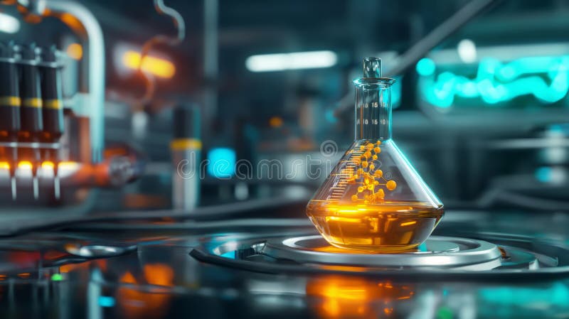 Laboratory Scene with Glowing Blue Liquid in Erlenmeyer Flasks Stock ...