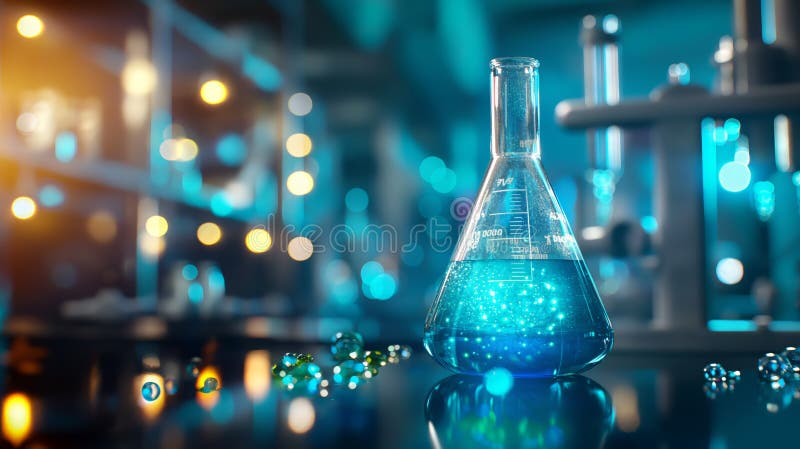 Laboratory Scene with Glowing Blue Liquid in Erlenmeyer Flasks Stock ...