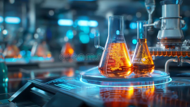 Laboratory Scene with Glowing Blue Liquid in Erlenmeyer Flasks Stock ...