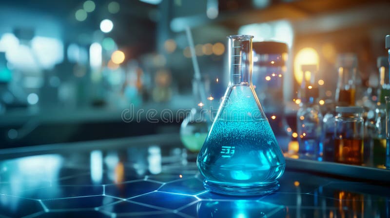 Laboratory Scene with Glowing Blue Liquid in Erlenmeyer Flasks Stock ...