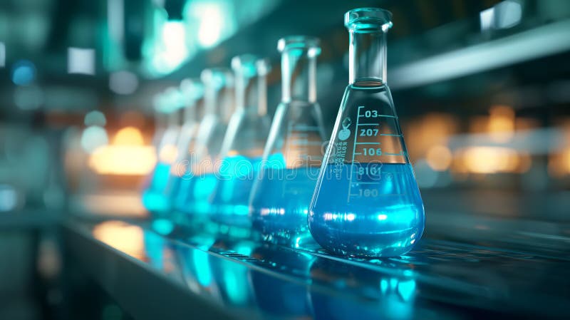 Laboratory Scene with Glowing Blue Liquid in Erlenmeyer Flasks Stock ...
