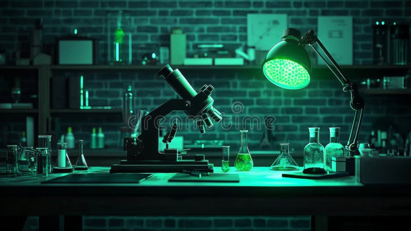 Laboratory Scene with Microscope and Green Light, Science Experiments ...