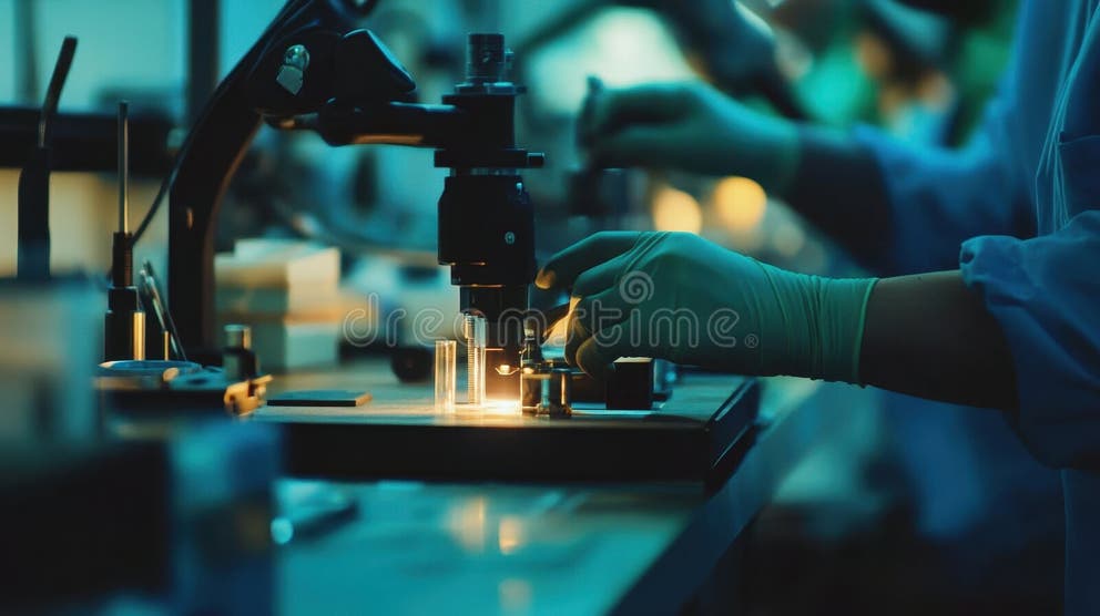 A Laboratory Scene with a Microscope and Hands Conducting Scientific ...